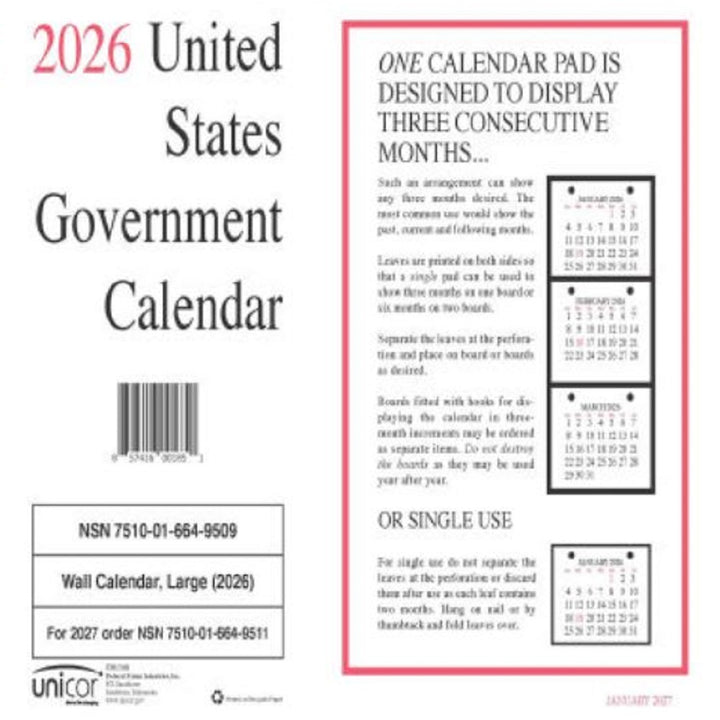 UNICOR 2026 Monthly Wall Calendar – NSN 7510-01-664-9509